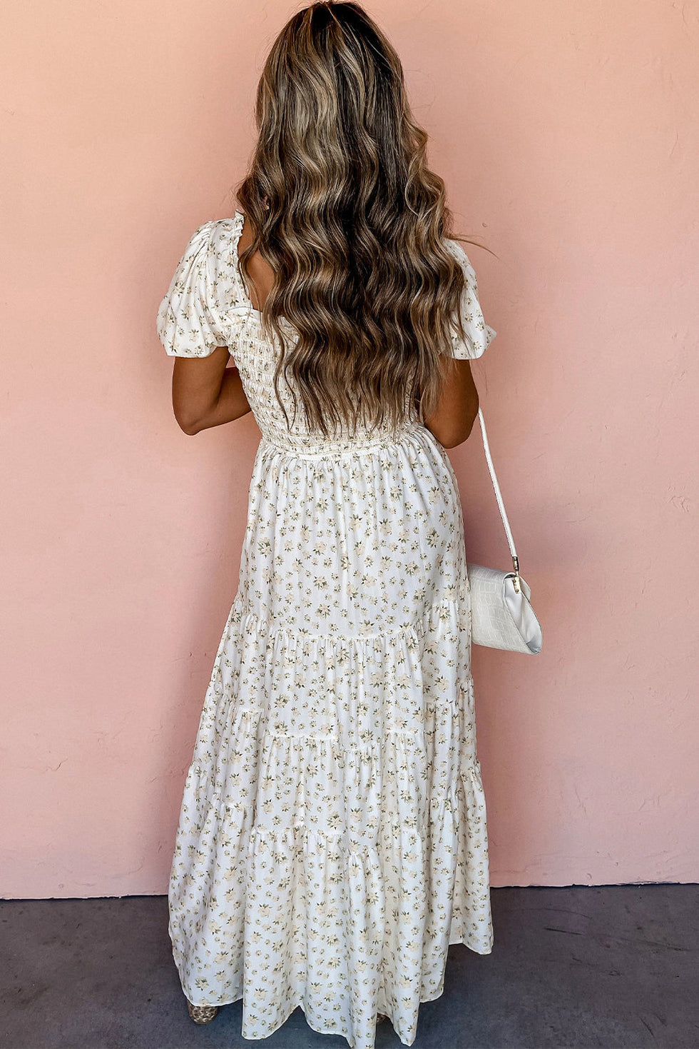 White Frilly Shirred Bodice Tiered Floral Maxi Dress - eAura – eAura