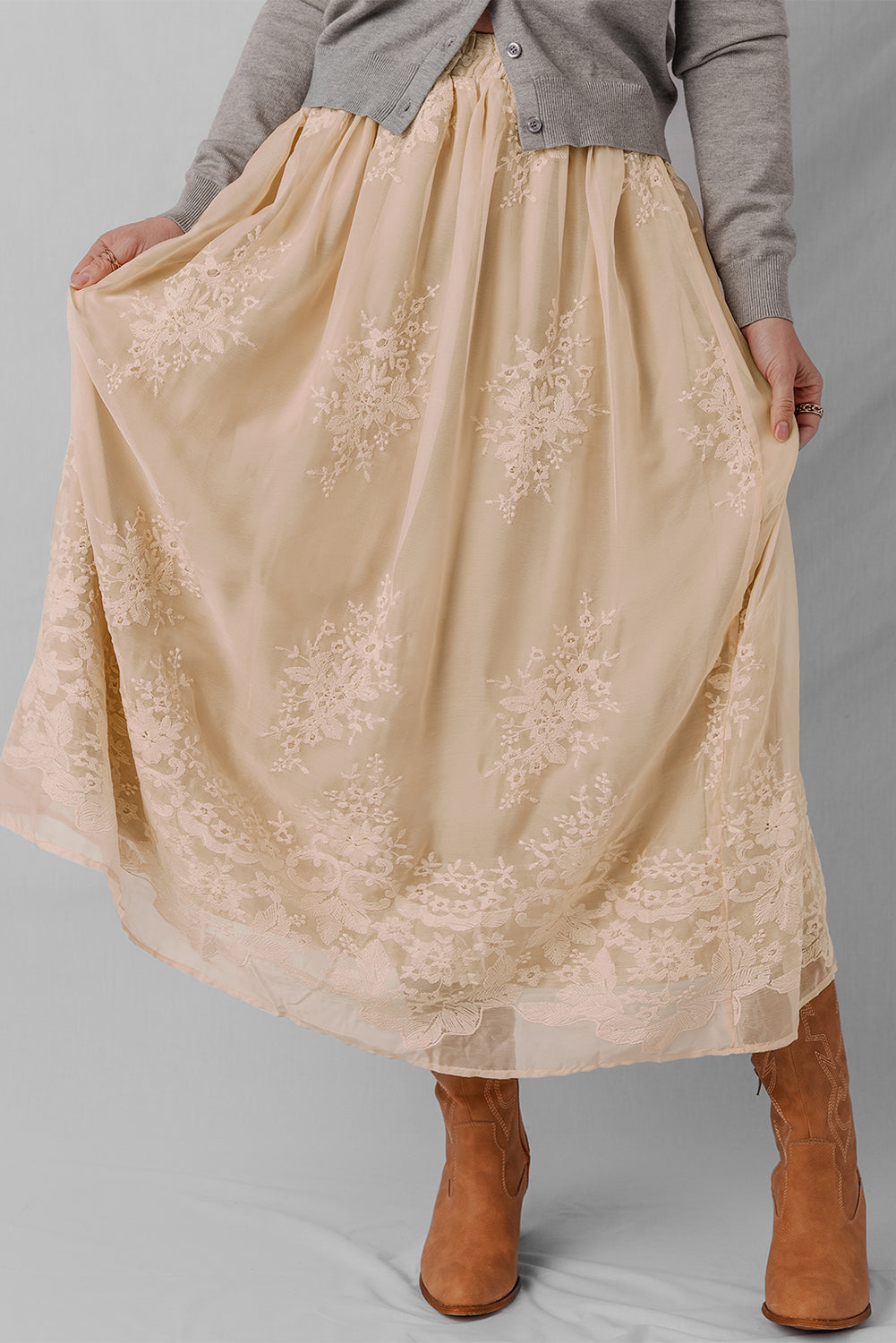Embroidered Mesh Overlay Flowy Maxi Skirt - eAura – eAura