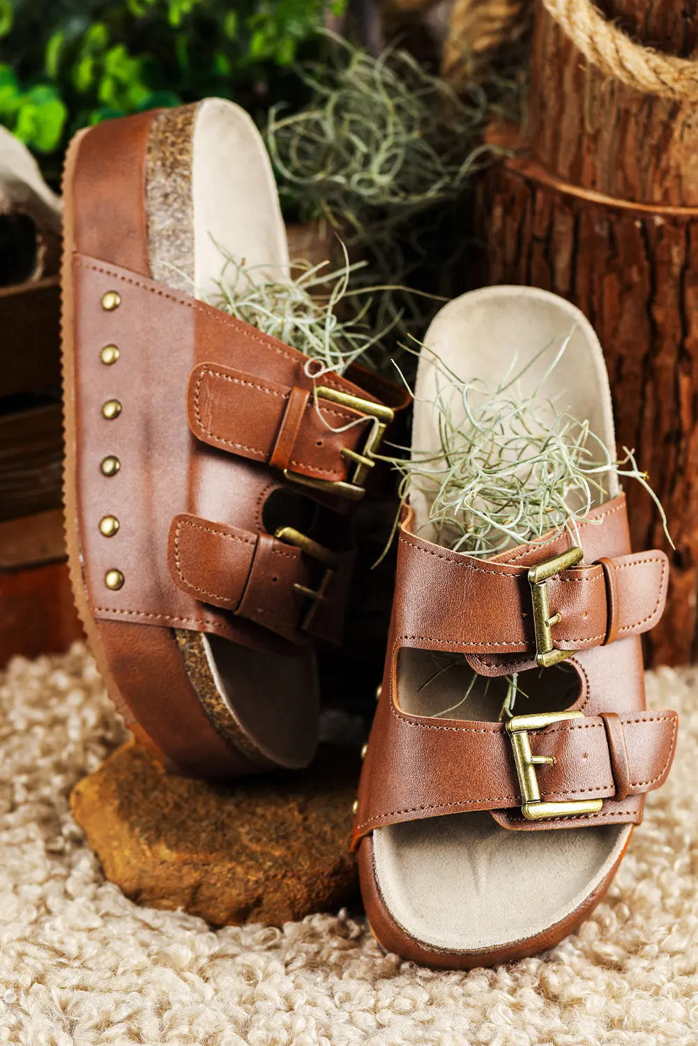 Chestnut Dual Buckle Studded Platform Sandals - eAura – eAura