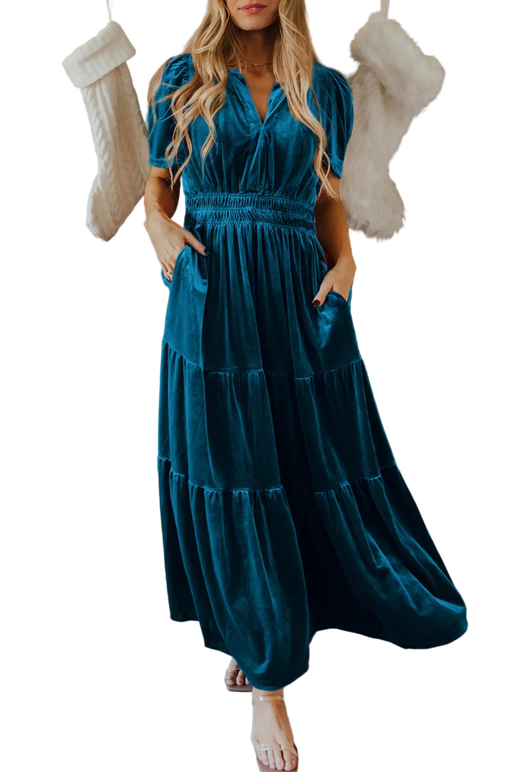 Prussian Blue Velvet Short Sleeve Shirred Waist Tiered Maxi Dress - – eAura